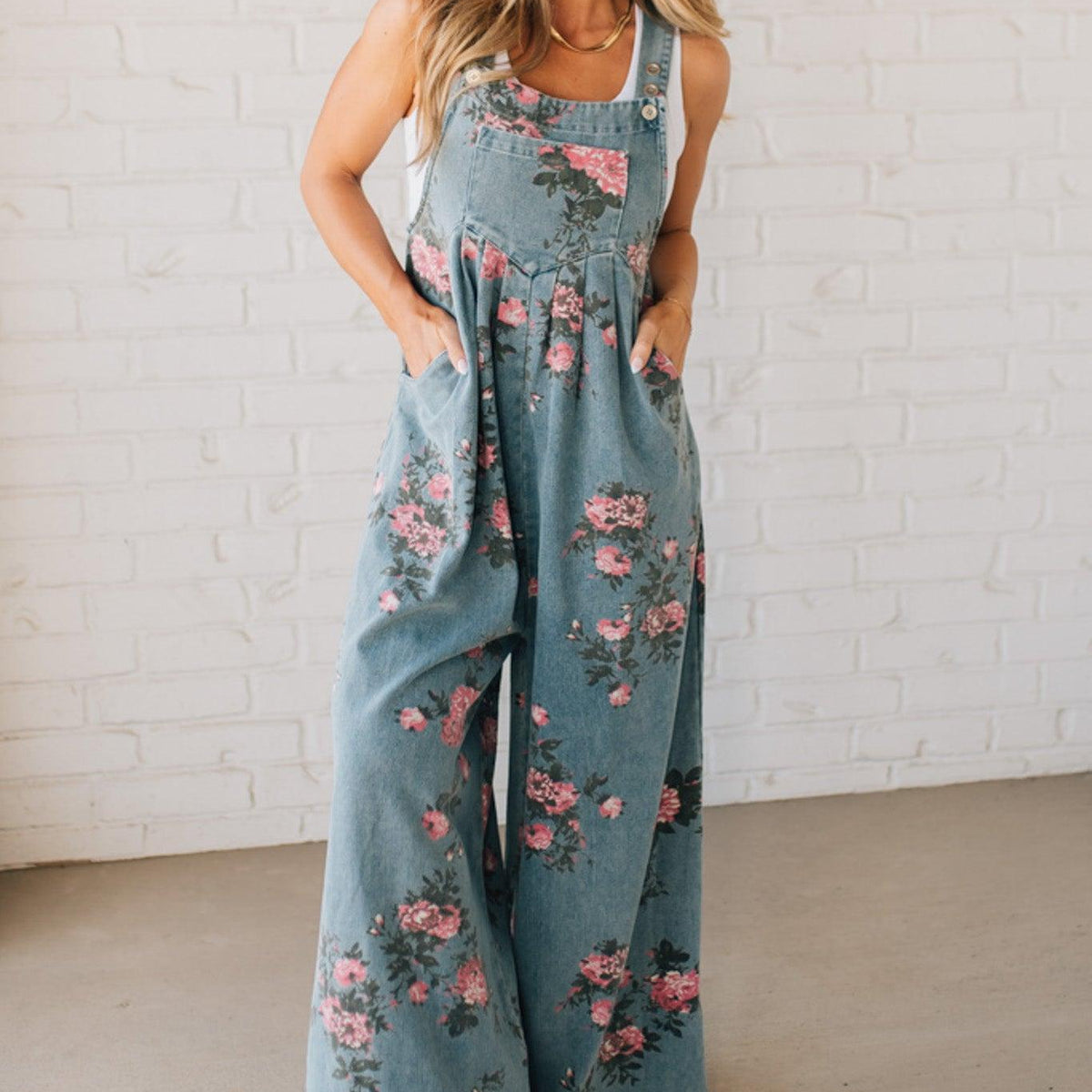 Floral Print Denim Overalls - BIBI – RubyClaire Boutique